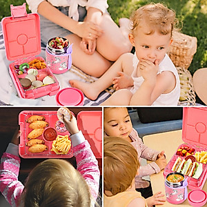 Bento Lunch Box Set for Kids with 10oz Soup Thermo, Leak-Proof Lunch Containers with 4 Compartment, Kids Thermo Hot Food Jar and Insulated Lunch Bag for Kid to School,BPA-Free(Pink-Horse)