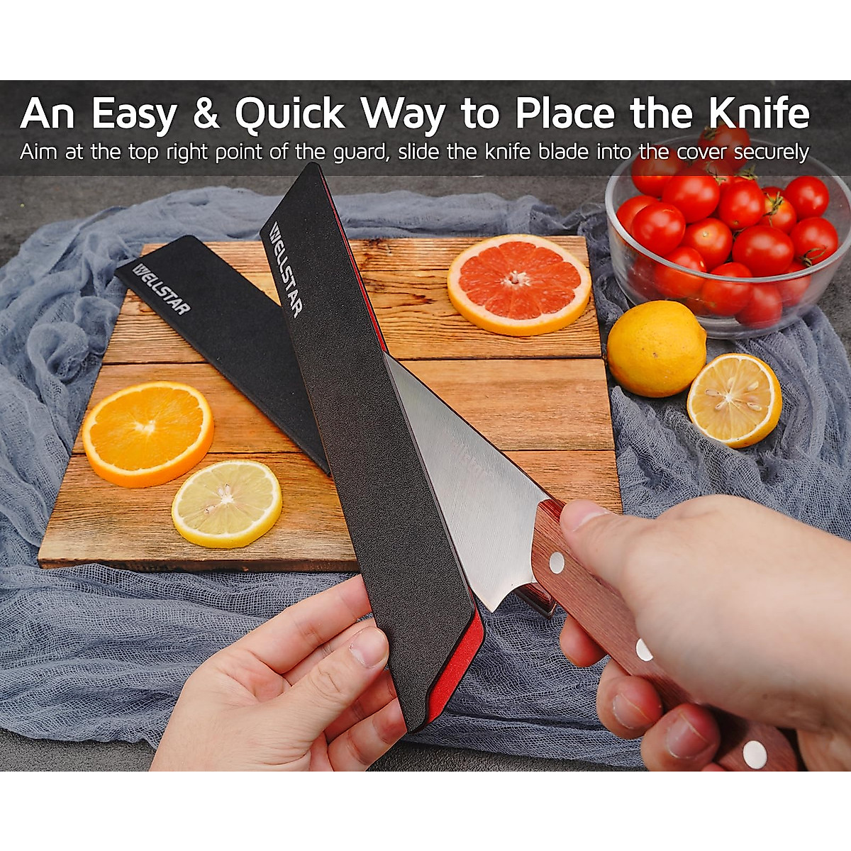 WELLSTAR Knife Edge Guards Set, 2 Piece Universal Blade Covers, BPA Free ABS Protective Blade Sheaths, Non-Scratch Felt Lining Kitchen Knives Covers (Knives not included)