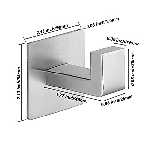 ULUPJ Wall Hooks Adhesive, Coat Hooks, Stainless Steel Waterproof Heavy Duty Square Base Robe & Towel Hooks for Bathroom and Kitchen, Hooks for Wall no Damage, Easy Installation (Brushed, 2 Pack)