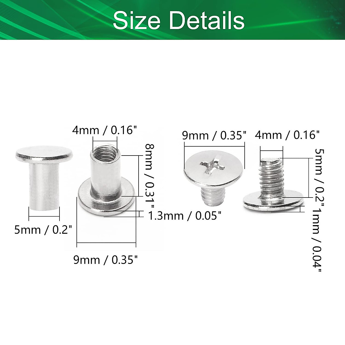 Yinpecly 25Pcs Female M5x8mm Carbon Steel Screw Post Silver Belt Buckle Binding Bolts Leather Fastener Fit for 3/16"(5mm) Hole Dia