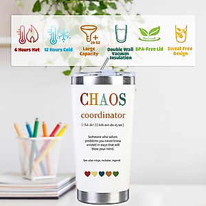 Chaos Coordinator Gifts for Women Thank You Gifts for Women Appreciation Gifts 20 Oz Stainless Steel Tumbler with Lid Straw Brush Unique Gift Idea for Women Lady Teacher Coworker Boss Office Gifts