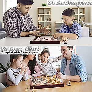 15" Metal Chess Set for Adults Kids Checkers Game Gold Silver Metal Chess Pieces & 24 Metal Cherkers Pieces Portable Folding Wooden Chess Board Travel Chess Sets Board (2 in 1)