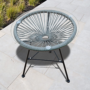 Lepus Rattan Outdoor Side Table, Small Round Wicker Patio Side Table with Glass Top, Weather Resistant Patio End Table for Garden, Balcony, Yard Porch (Dark Grey)