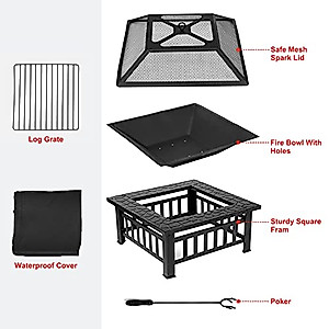 32 Inch Fire Pit Table for Outside Heavy Duty 3 in 1 Metal Square Firepit Table with Spark Screen Cover Log Grate and Poker for Outside Wood Burning and BBQ Drink Cooling