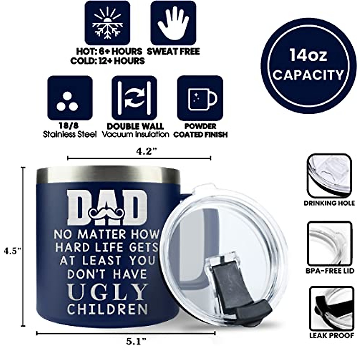 TEEZWONDER Gifts for Dad from Daughter Son, Laser Engraved Birthday Christmas Gifts for Dad, Best Papa, Grandpa for Fathers Day, Funny Insulated Coffee Mug 14oz