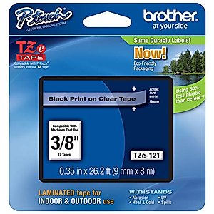 Genuine Brother 3/8" (9mm) Black on Clear TZe P-Touch Tape for Brother PT-1890, PT1890 Label Maker