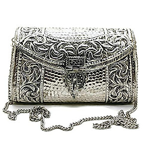 Trend Overseas women gift bridal bag Brass Metal Clutch Sling Bag Indian Ethnic Antique clutch (Silver)