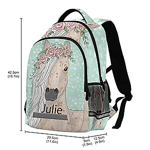 Custom Backpack for Girls Kids with Name Personalized Floral Horse School Bookbag for Age 6-10