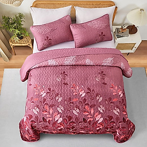 WONGS BEDDING Red Floral Quilt Set King Size,3 Pieces Botancal Leaves Bedspread Coverlet Set with 2 Pillowcases for All Season, Soft Microfiber Floral Bedding Set 104"×90"