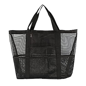 Mesh Beach Tote - Large Vacation & Travel Essentials Black Beach Bag, Foldable & Washable Lightweight Woven Summer Must Haves Swim Tote for Pool, Towels, Clothes, Food, Drinks, Necessities - 24x15x8.5