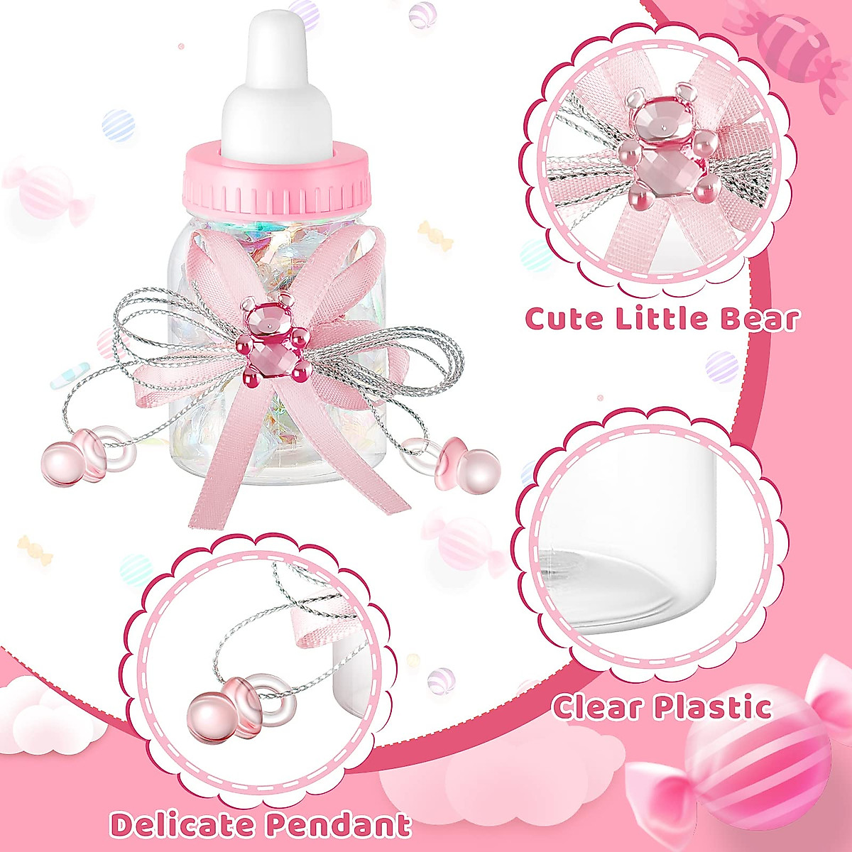 Nuenen 48 Pcs Baby Shower Bottles Baby Shower Mini Milk Bottle Baby Bottles Mini Baby Bottles for Baby Shower Plastic Bear Candy Bottles with Ribbon for Baby Shower Favor Gift(Pink)