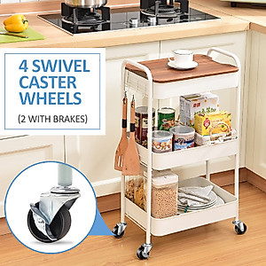 TOOLF 3-Tier Rolling Cart, Metal Utility Cart with Detachable Tray Top, Storage Craft Art Cart Trolley Organizer Serving Cart Easy Assembly for Office, Bathroom, Kitchen, Kids' Room, Classroom