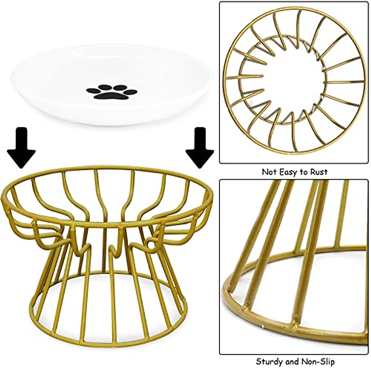 BNOSDM Raised Cat Dish Ceramic Shallow Cat Bowl with Gold Stand Elevated Pet Food Plate for Indoor Cat Kitten Small Dogs