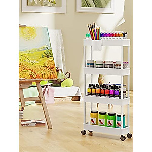 LEHOM 5.1" Slim Storage Cart - 4 Tiers Bathroom Organizer Mobile Shelving Unit Storage Rolling Utility Cart Slide Out Organizer for Kitchen Bathroom Laundry Narrow Places, White