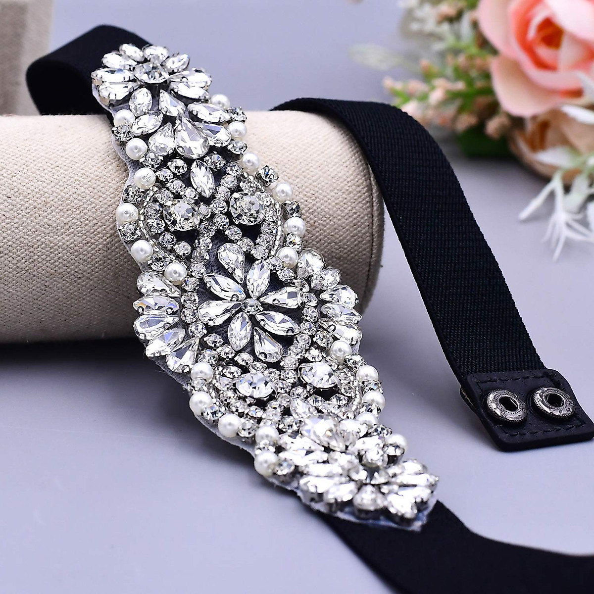 ULAPAN Rhinestone Black Elastic Belts for Women Interlocking Stretch Belt(S394)