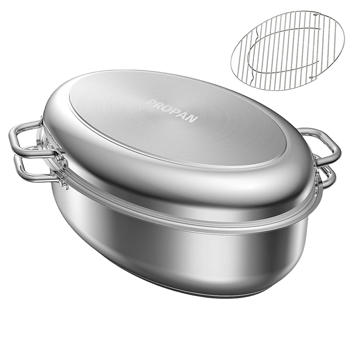 PROPAN Roasting Pan with Rack and Lid 12 Quart,18/10 Stainless Steel Multi-Use Oval Dutch Oven, Induction Compatible Dishwasher/Oven Safe Turkey Roaster,17 Inch
