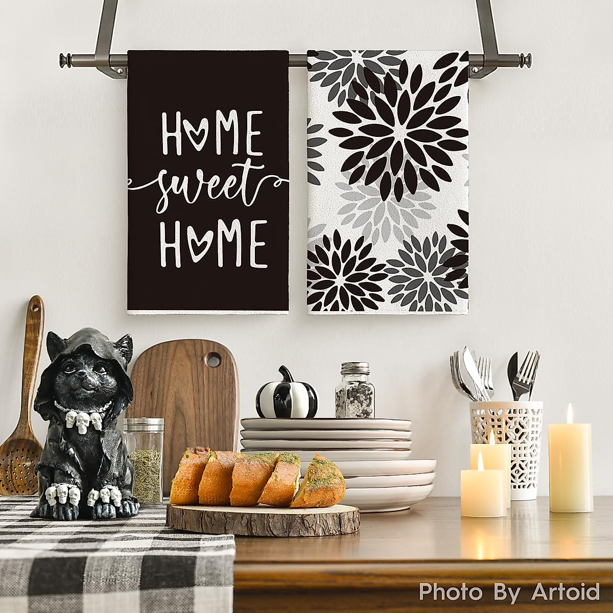 Artoid Mode Black Stripes Home Sweet Home Boho Halloween Kitchen Towels Dish Towels, 18x26 Inch Seasonal Decoration Hand Towels Set of 4
