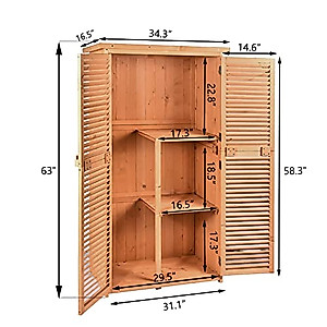 JOVNO Outdoor 63" Wood Storage Shed Tool Organizer Garden Storage Cabinet with Waterproof Roof, Lockable Doors, 3-Tier Shelves for Patio Lawn Backyard Home Garage
