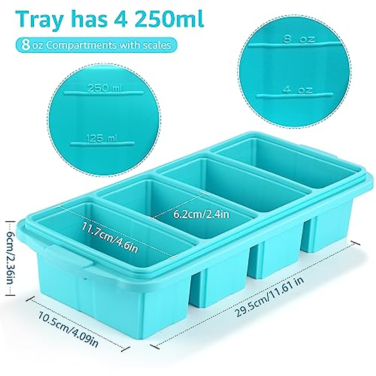 Ztomine Silicone Freezer Tray With Lid - Silicone Freezer Food Molds- Large Ice Cube Tray,Silicone Freezer Container,Freeze & Store Soup, Sauce, Broth,Leftovers - Makes 4 Perfect 1 Cup