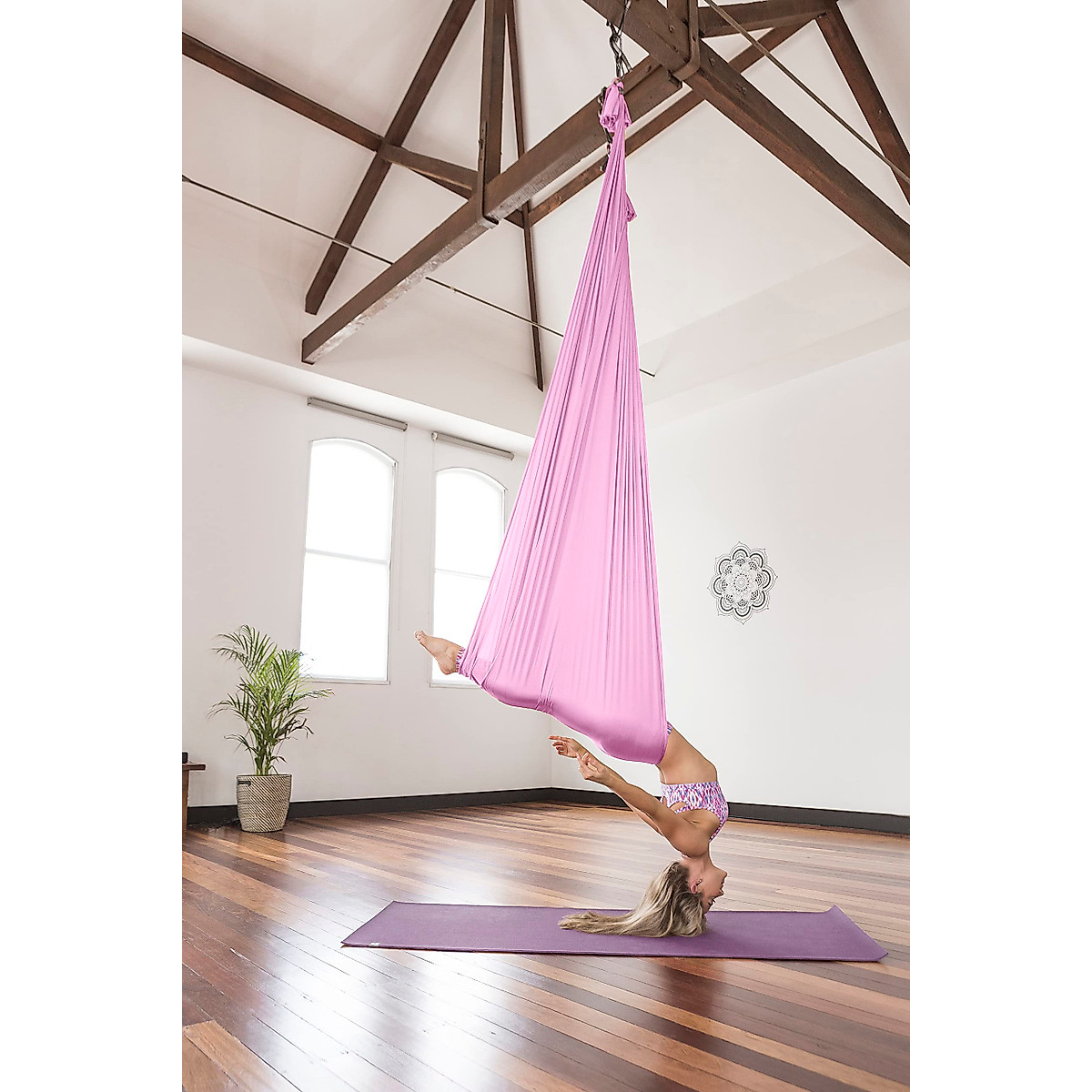 PINC Active Silk Aerial Yoga Swing & Hammock Kit for Improved Yoga Inversions, Flexibility & Core Strength - Pink