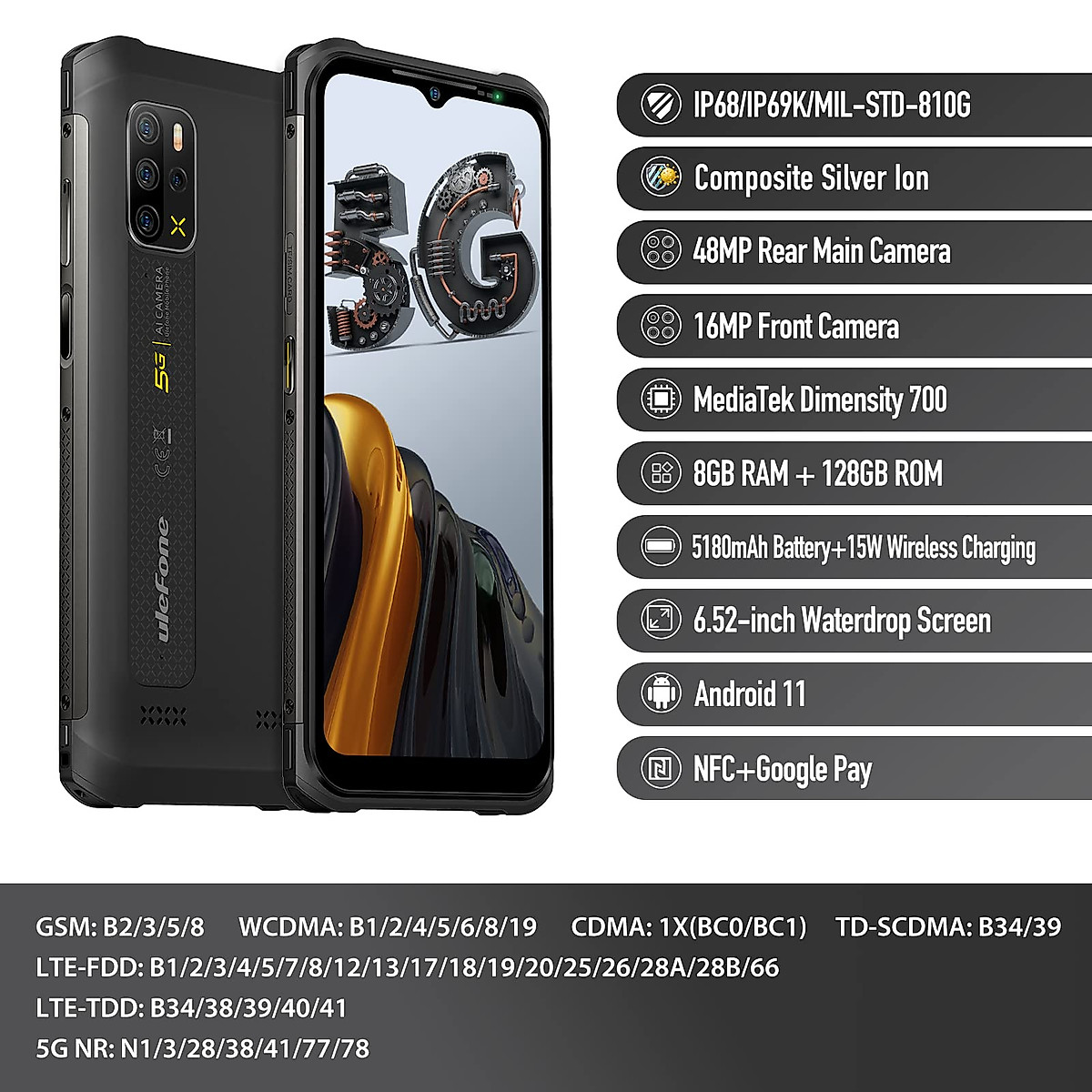 Ulefone Armor 12 5G Rugged Smartphone, 8GB+128GB, 48MP Quad Rear Camera, Waterproof Rugged Cell Phone, 6.52" HD+, 5180mAh, 15W Wireless Charging, T-Mobile Unlocked Rugged Phone (Black)