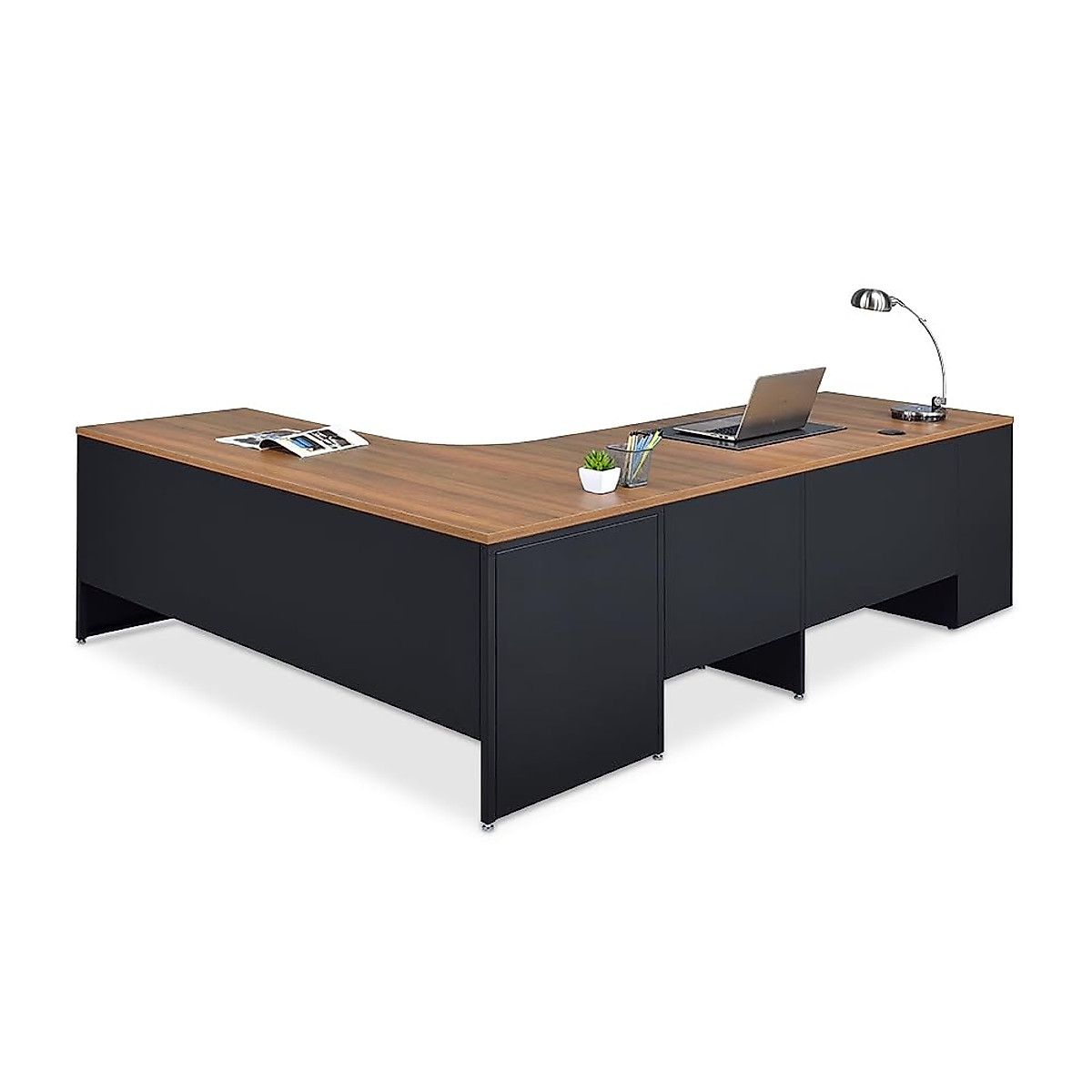 NBF L Shaped Executive Office Desk - Durable Laminate Computer Desk with Three Drawers - Modern Desk with Storage and File Cabinet - 72" Wx 96" D Work Desk for Working Home (Gray, Maple)