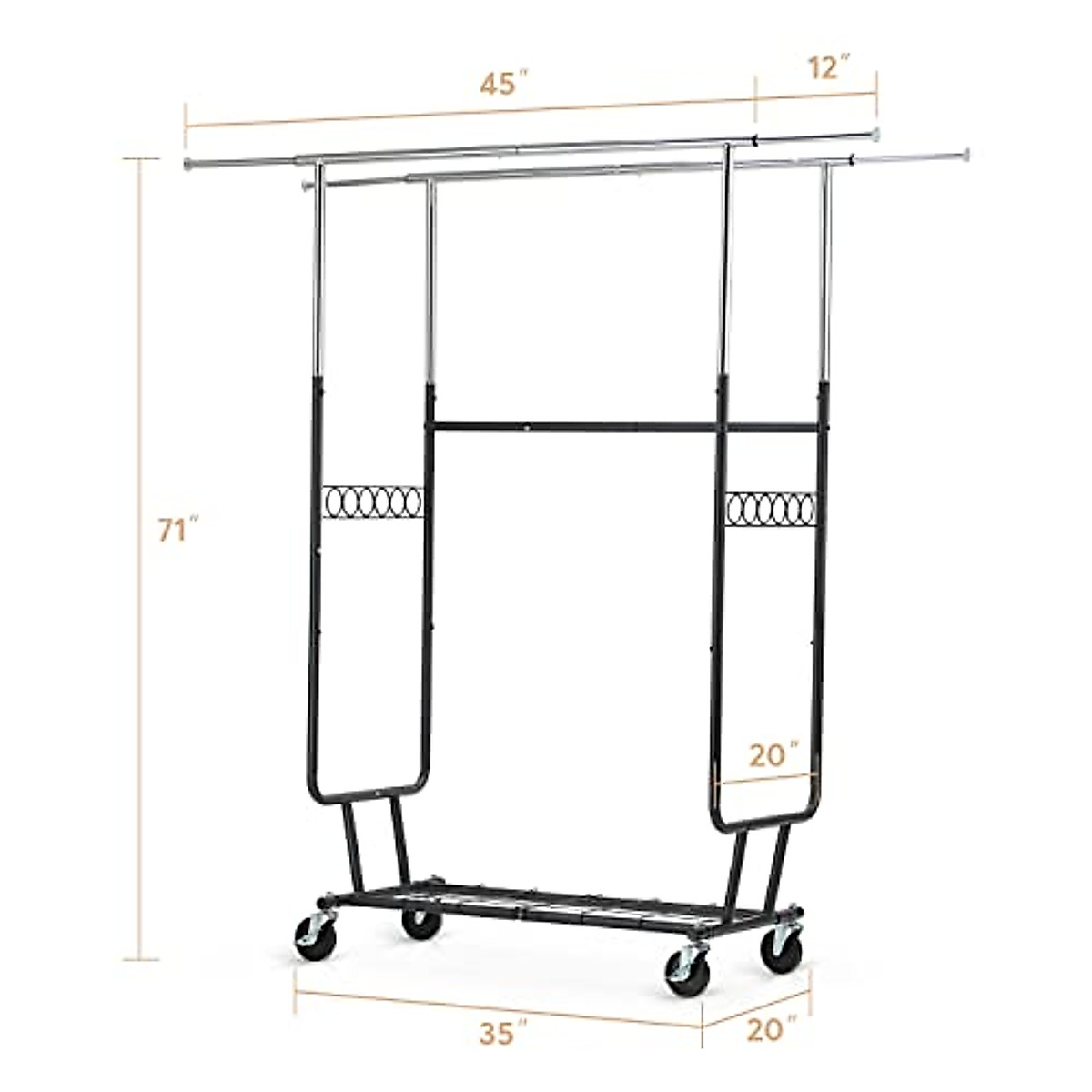 LIFEFAIR Clothing Garment Rack Double Rail Heavy Duty Rolling Clothes Rack with Wheels and Bottom Shelves Capacity 550 lbs Hanging Organizer Stand