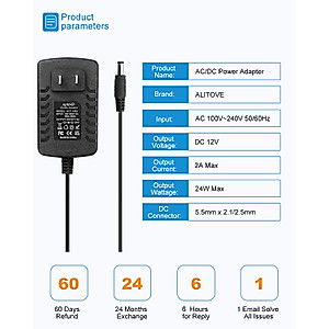 ALITOVE 12V DC Power Supply 2A 24W AC/DC Adapter 100~240V AC to DC 12 Volt 2 Amp 1.8A 1.5A 1.2A Converter with 5.5 x 2.5mm 2.1mm Plug for LED Strip Light CCTV Security Camera BT Speaker Webcam Router