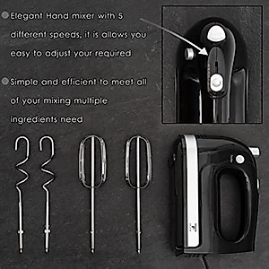Moss & Stone Hand Mixer With Snap-On Storage Case, 5 Speed Hand Mixer Electric, 250W Power handheld Mixer for Baking Cake Egg Cream Food Beater,+ 4 Stainless Steel Accessories (Black)