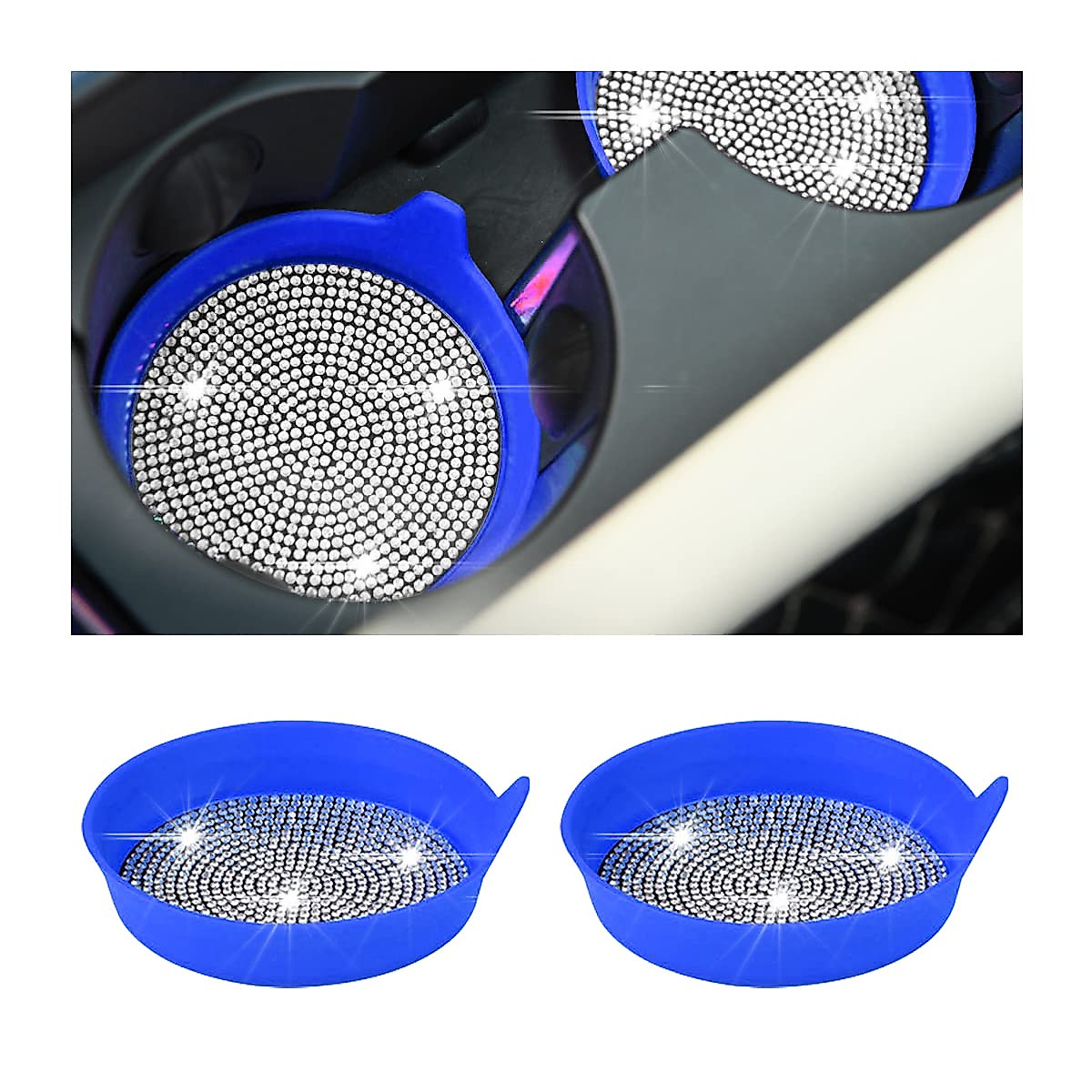 zipelo Bling Car Cup Coaster, 2 Pack Universal Vehicle Anti-Slip Cup Holder Insert Coasters, Crystal Rhinestone Silicone Shockproof Drink Mat, Car Interior Accessories (Blue/White Crystal)