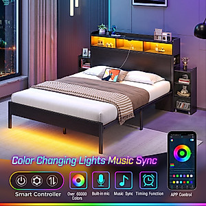 Rolanstar Bed Frame Queen Size with Bookcase Storage Headboard, Slide Out Bedside Storage, Bed with Charging Station & LED Lights, Heavy Duty Metal Slats, No Box Spring Needed, Noise Free, Black