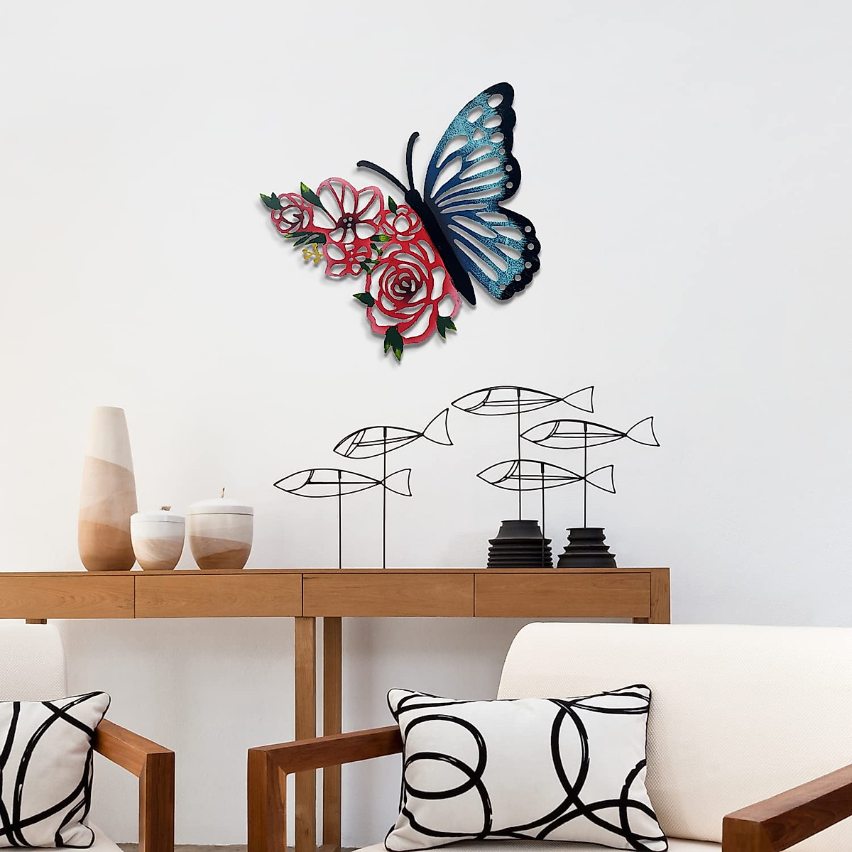 LIFFY Metal Butterfly Wall Decor - Butterflies Indoor Art Hanging Sculpture for Home Bedroom Living Room Office Plaque Lawn Fence Backyard Porch - 16 Inch