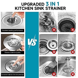 Upgraded 3 in 1 Kitchen Sink Drain Strainer - Stainless Steel Pop Up Sink Stopper Combo, Anti-Clogging Sink Catcher Basket, Fast Drainage Filter Sink Plug for US Standard 3 1/2 inch Drain