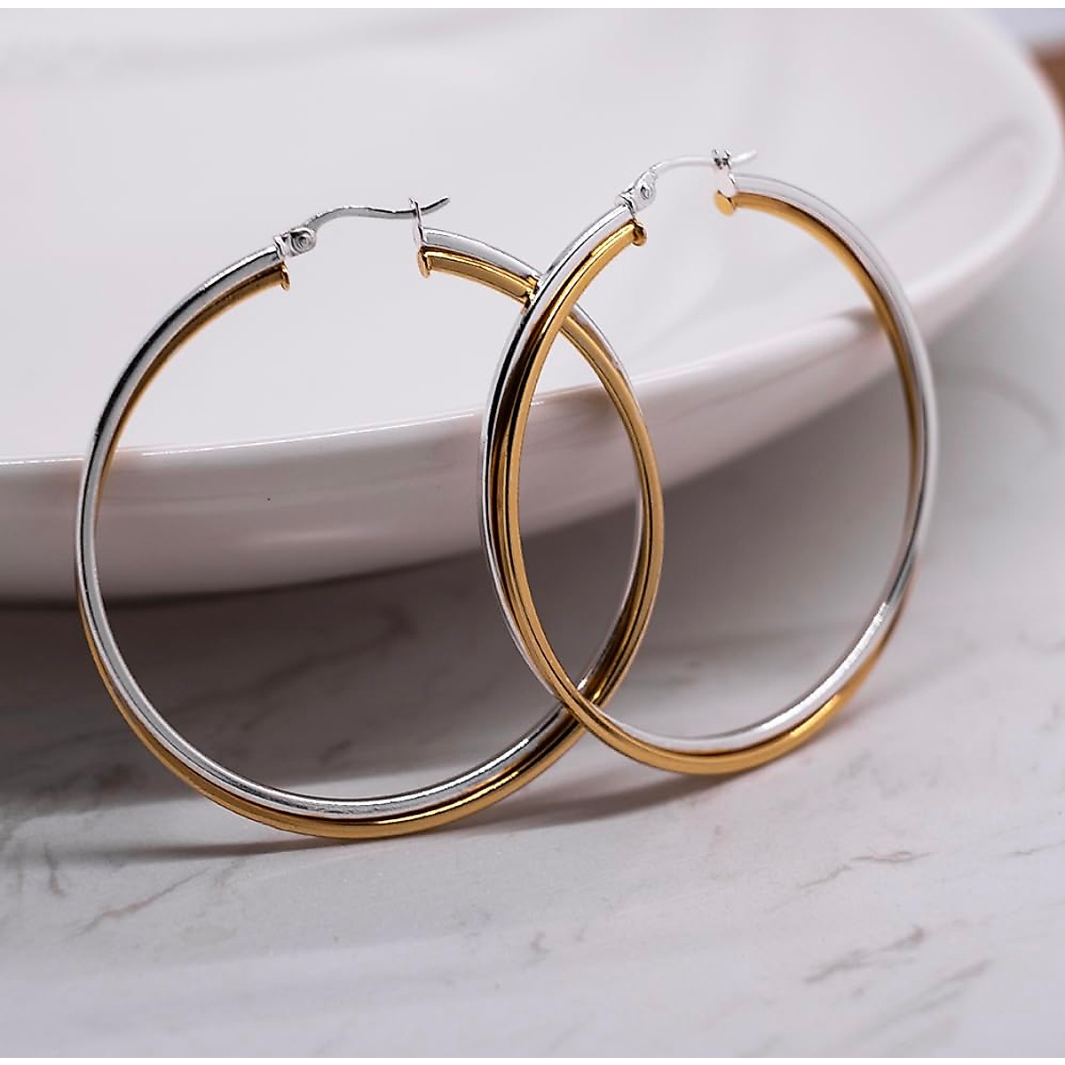 Sterling Silver Two-Tone Square-Tube Double Twisted 47mm Round Hoop Earrings