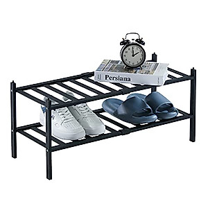 Dikolre Shoe Rack Organizer for Closet Entryway, 2-Tier Bamboo Stackable Shoe Rack Small Shoe Storage for Dorm Front Door Wooden Shoe Shelf, Black Brown