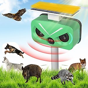 Upgraded Solar Ultrasonic Animal Repeller, Dog Outdoor, Cat Repeller for Squirrel, Raccoon, Skunk, Rabbit, Fox, Deer, Bird etc with Motion Detection, LED Flashing Light 028-2