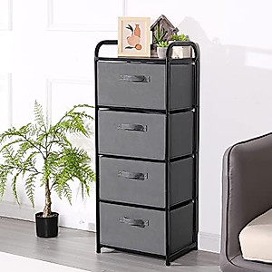 MAX Houser 4 Drawer Fabric Dresser Tall Storage Tower, Dresser Chest with Wood Top, Vertical Nightstand Side Organizer Unit with Metal Frame for Closets Bedroom Nursery Room Hallway(Leaden)