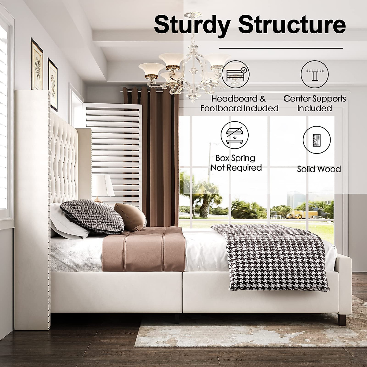 PaPaJet Queen Bed Frame 61.4" Tall Headboard Upholstered Velvet Platform Bed with Handmade Deep Button Tufted/No Box Spring Required/Cream