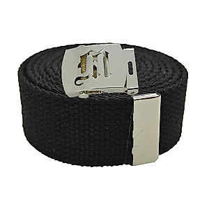 BodyJewelryOnline Old English Initial M Canvas Military Web Black Belt & Silver Buckle 60 Inch