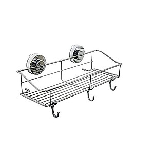 Queta Strong Suction Cup Shower Caddy Bath Shelf Storage with 3 Hooks, Wall Mounted Bathroom Organizer Stainless Steel shower Rack for Shampoo Conditioner Razor, Rectangle Basket for Kitchen Storage