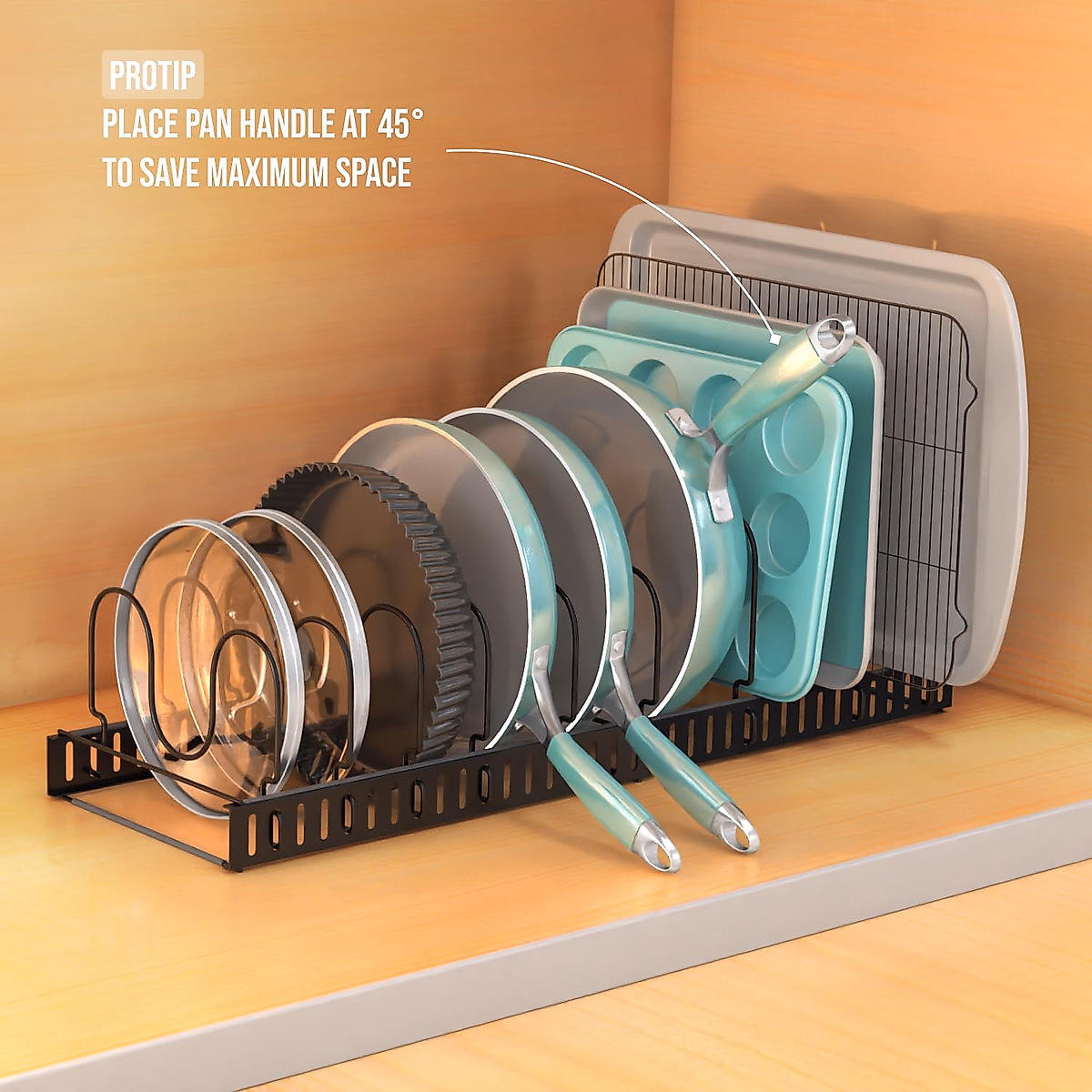 Norcalway Bakeware Pots and Pans Organizer Under Cabinet, 10 Adjustable Compartments Cookie Sheet Baking Pan Pot Lid Organizers Inside Cabinet