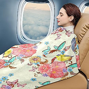 Joko Ivery Flowers Birds Butterflies Premium Soft Travel Blanket Pillow Airplane Blanket with Hand Luggage Belt & Backpack Clip Travel Blanket 2 in 1 for Airplane Car Office Camping