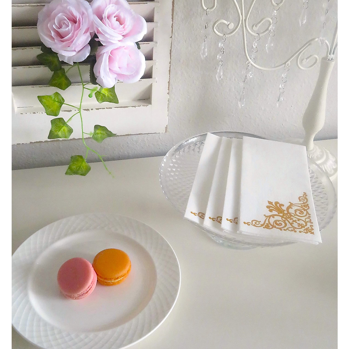 100 Bathroom Paper Hand Towels - Linen-Feel Guest Towels, Disposable Cloth Dinner Napkins, Ideal for Wedding Reception,Party Or Kitchen, White And Gold 12"x 17"