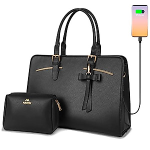 MATEIN 14 Inch Laptop Bag for Women, Lightweight PU Leather Computer Briefcase, Ladies Business Office Work Bag with USB Charging Port, Fashion Waterproof Shoulder Bag Handbags Purse 2pcs Set, Black