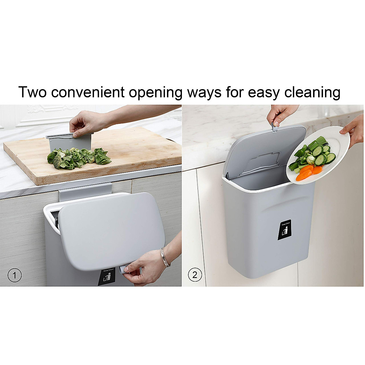 Lunies 2.4 Gal Compost Bin/Hanging Small Trash Can with Lid for Kitchen Cabinet Door/Counter Top/Under Sink/Bedroom/Bathroom/Cupboard Grey