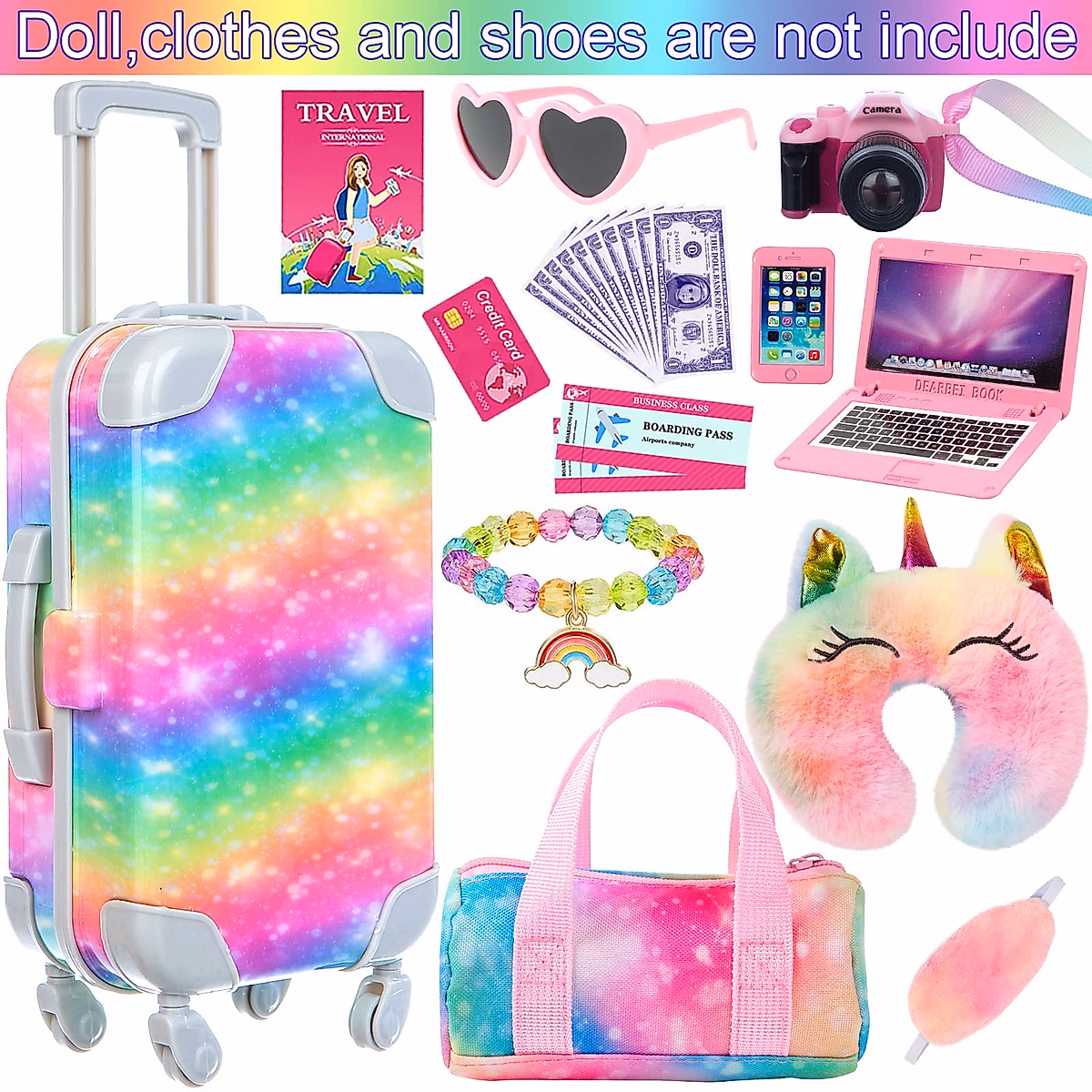 K.T. Fancy 23 PCS American 18 Inch Doll Accessories Suitcase Luggage Travel Set - Rainbow Suitcase Rainbow Bag Camera Computer Cell Phone Neck Pillow Eye Mask Glasses Gift for Christmas (NO Doll)