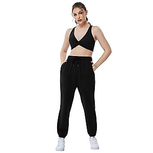 KOJOOIN Black Pants for Women Winter Long Sweatpants Drawstring Pants with Pockets M