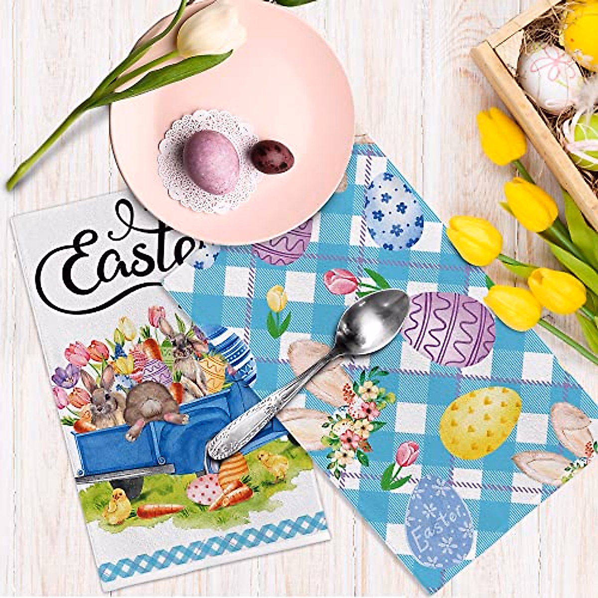 Hexagram Easter Kitchen Towels Sets of 4, Bunny Easter Dish Towels, Blue Truck Farmhouse Easter Decor, Eggs Hand Towels, Tea Towel, Housewarming Gifts for New Home
