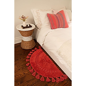 Unique Boho Rug - Half Circle Mat with Crochet Insert Detail & Tassels - 100% Cotton Boho Bathroom Rugs - Decorative Non-Slip Bohemian Rug for Bath & Bedroom - Cute Boho Decor - Paprika Red 42x22