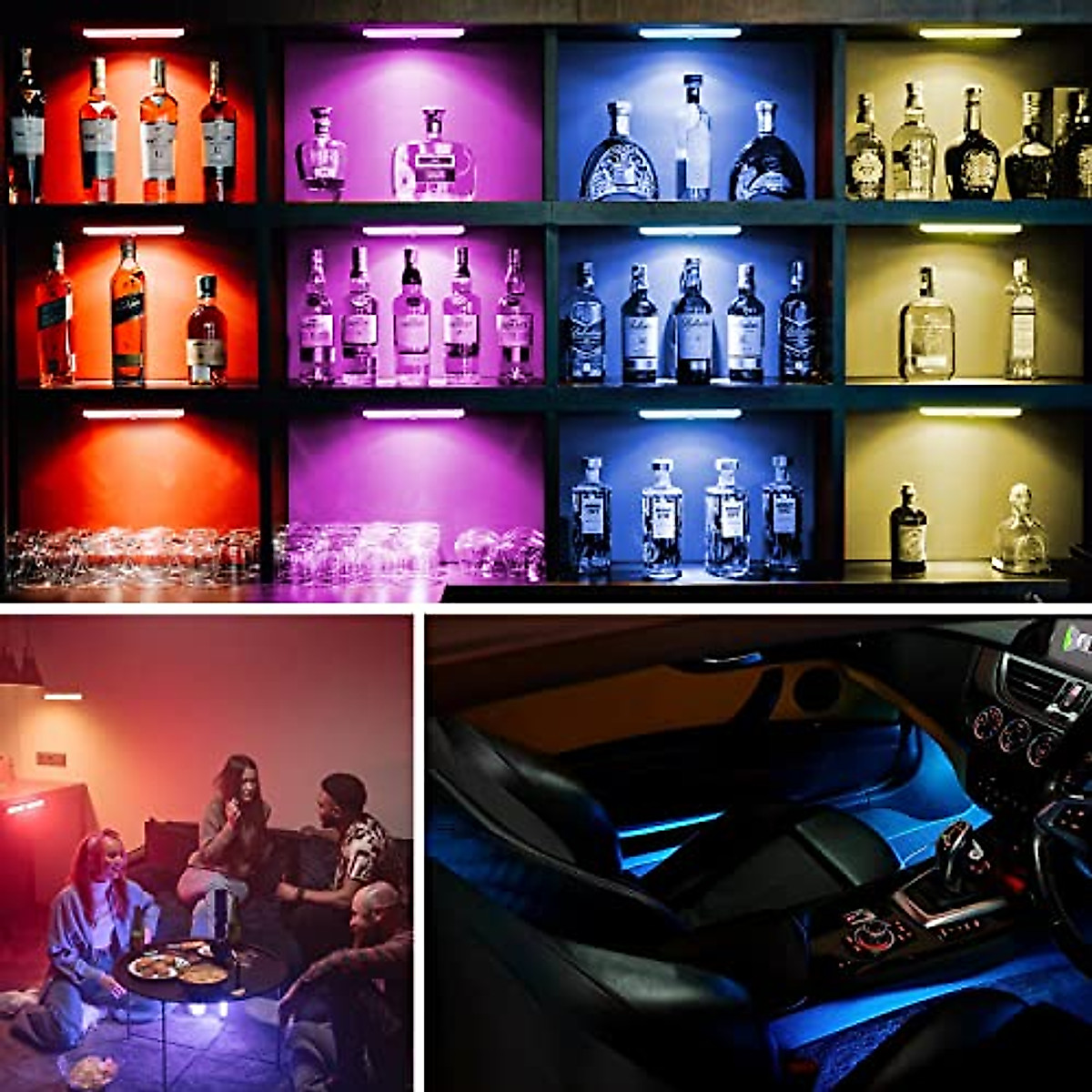 Under Cabinet Lighting Wireless with Remote, 48 LED Rechargeable Under Cabinet Lights, Kitchen Counter Lights Dimmable LED Closet Lights RGB Bar for Shelf, Car, Hallway, 15 Color Changing, 6 Pack